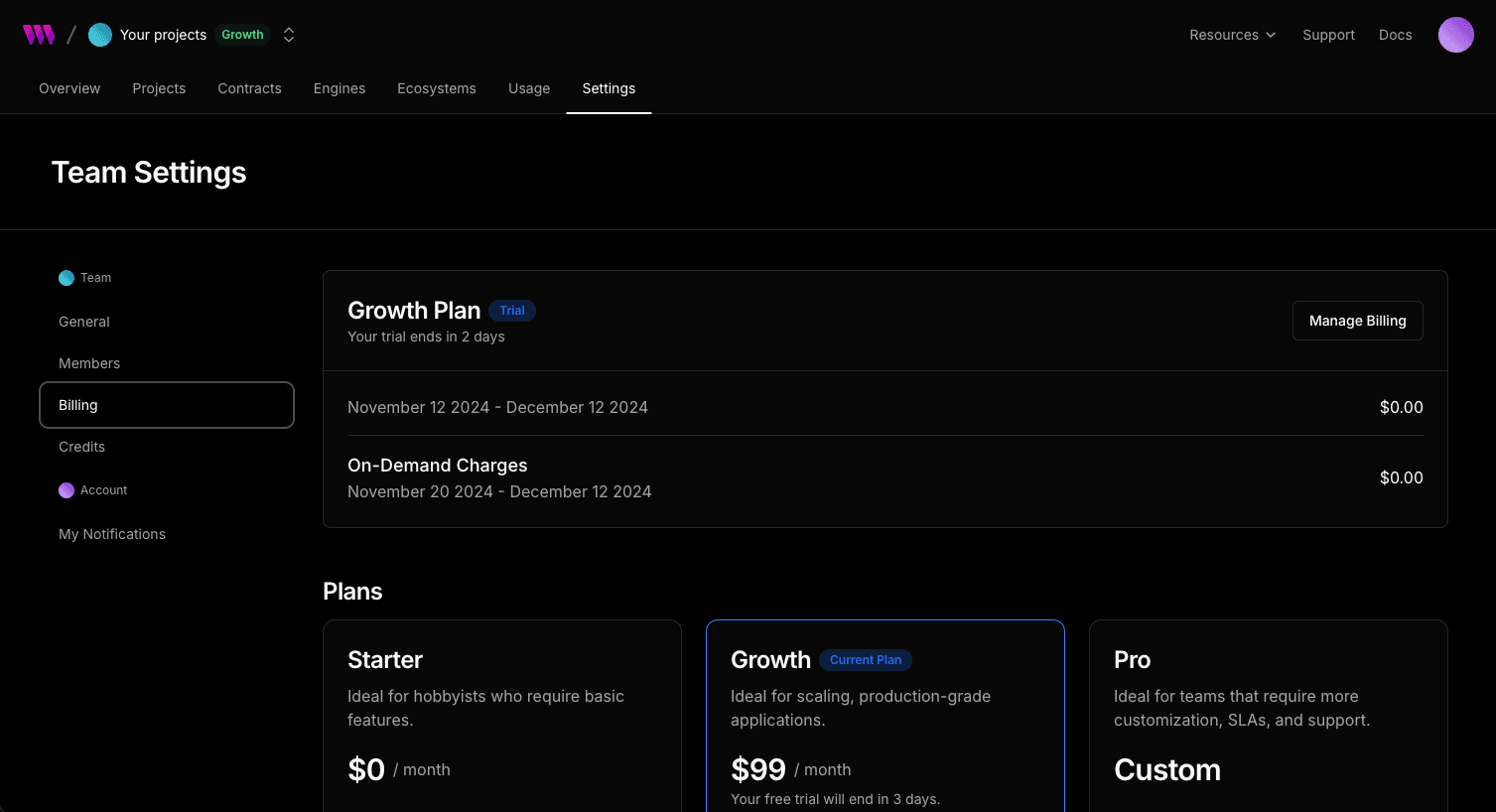 Manage billing for thirdweb Account