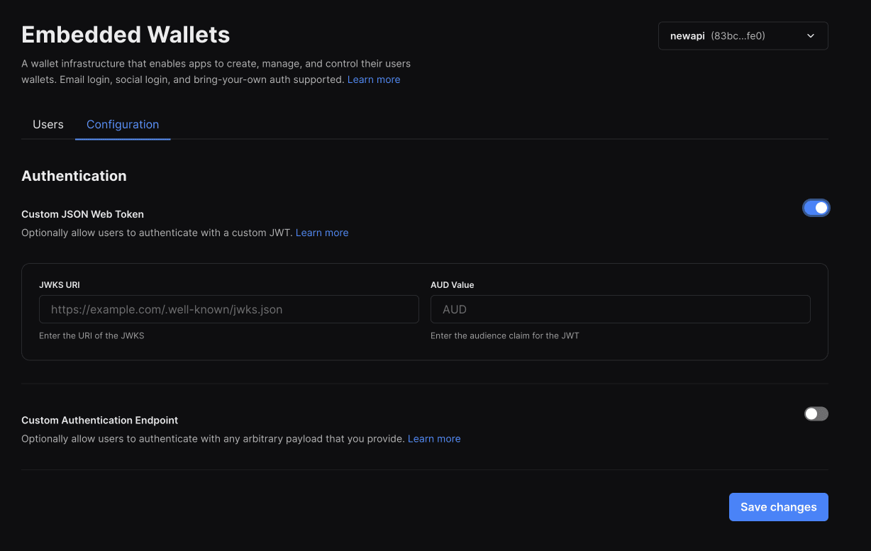 Configure Authentication In App Wallet Thirdweb
